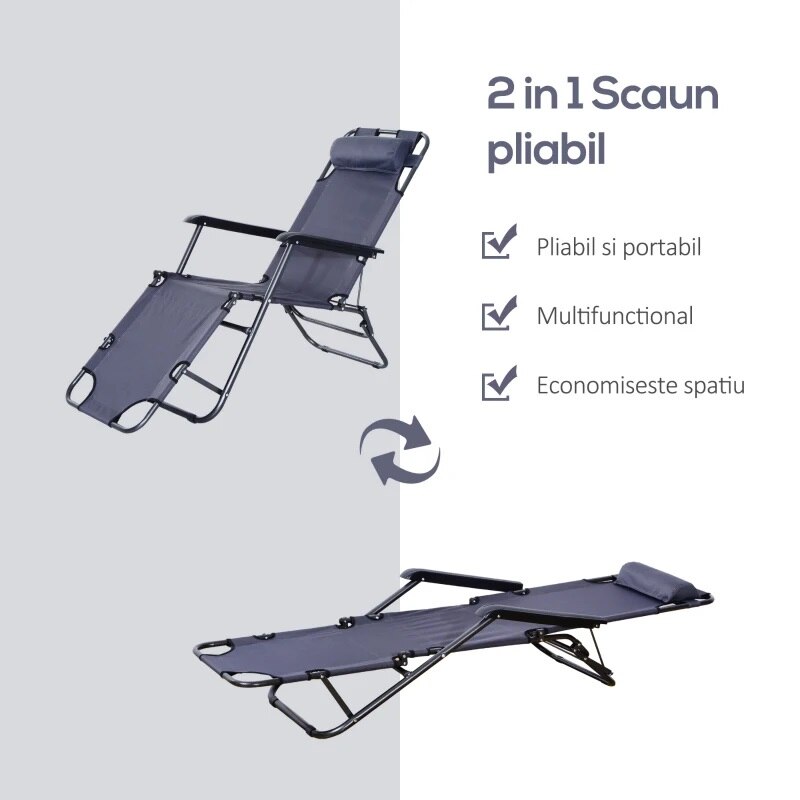 Sezlong pliabil cu cotiere, Outsunny, Metal/PVC, Tetiera, 135 x 60 x 89 ...