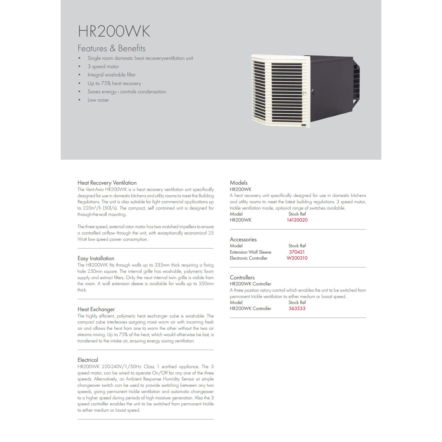 Vent-Axia HR 200 WK - 220 m³/h - unitate de ventilatie cu recuperare de ...