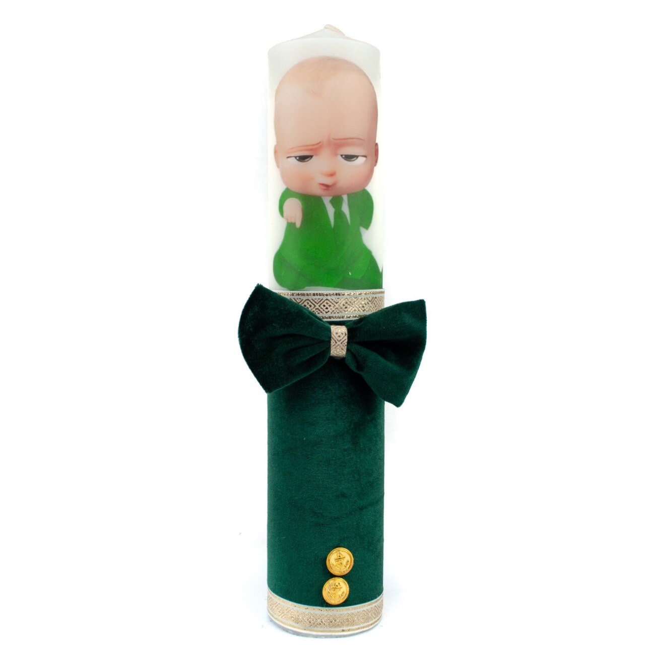 Свещ за кръщене със зелено кадифе, папийонка и Bebe Sef, 40x7 см- LPB ...