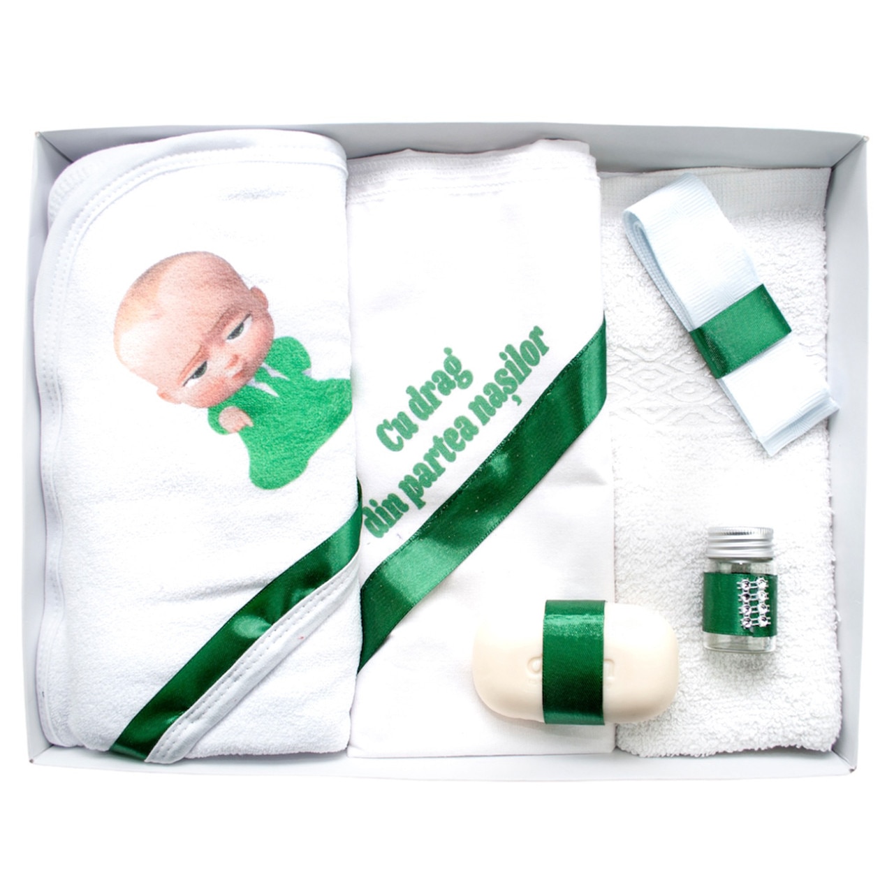 Trusou botez cu 6 piese, Alb, personalizat cu broderie- "Cu drag din ...