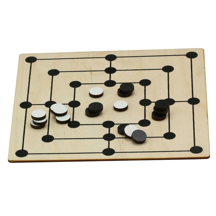 Joc moara, tintar din lemn, piese negru-alb, 24.5 x 24.5 cm, OnemisFlot ...