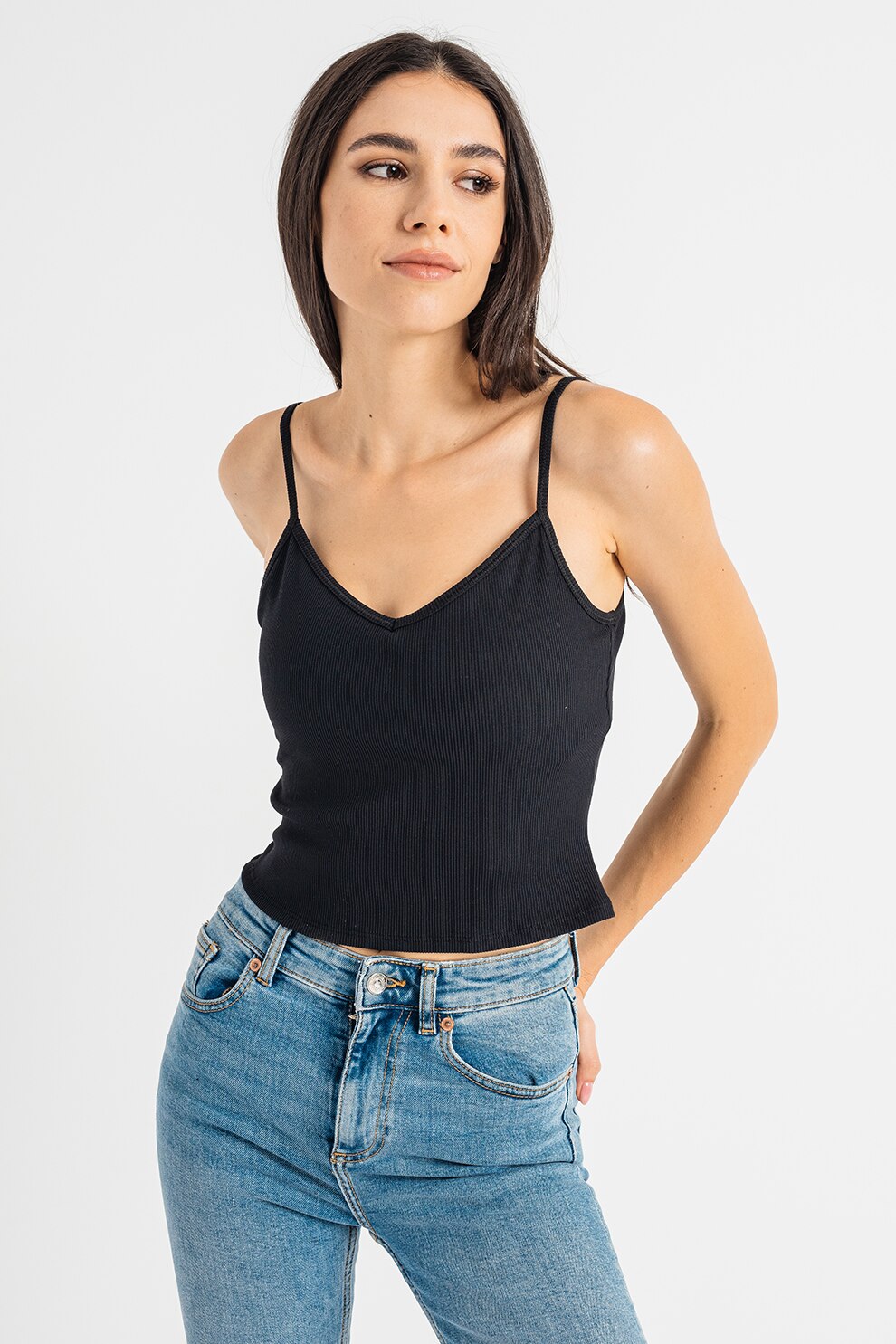 GAP, Top cu decolteu en-coeur si aspect striat, Negru, L - eMAG.ro