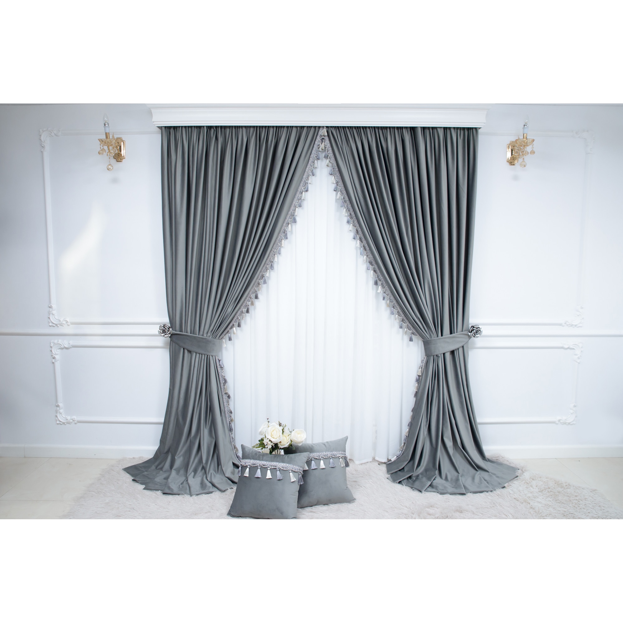 Set de 2 draperii din catifea, cu rejansa, gri, semiopace, accesorizate ...