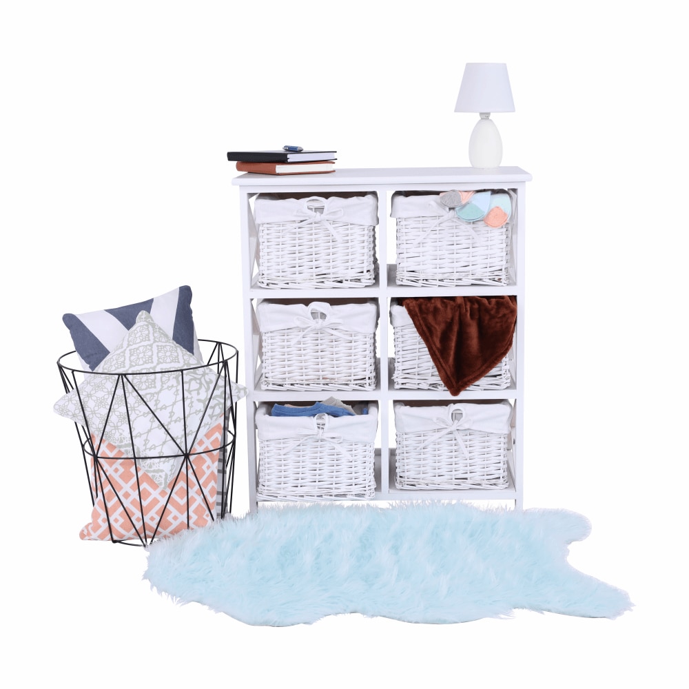 Comoda, din lemn cu 6 cosuri rachita si textil alb, Rafaello, 64x37x76 ...