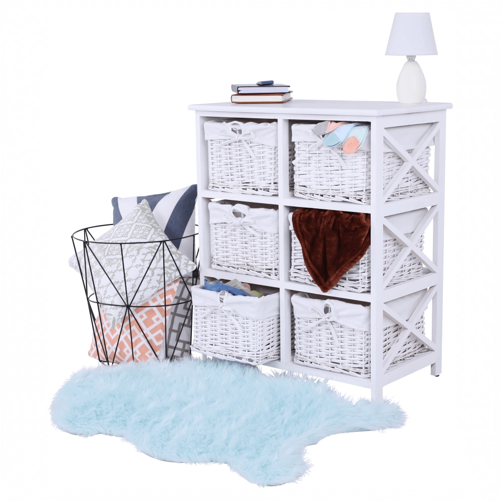 Comoda, din lemn cu 6 cosuri rachita si textil alb, Rafaello, 64x37x76 ...