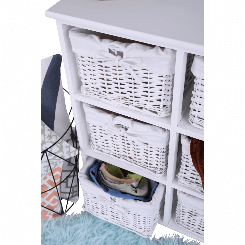 Comoda, din lemn cu 6 cosuri rachita si textil alb, Rafaello, 64x37x76 ...