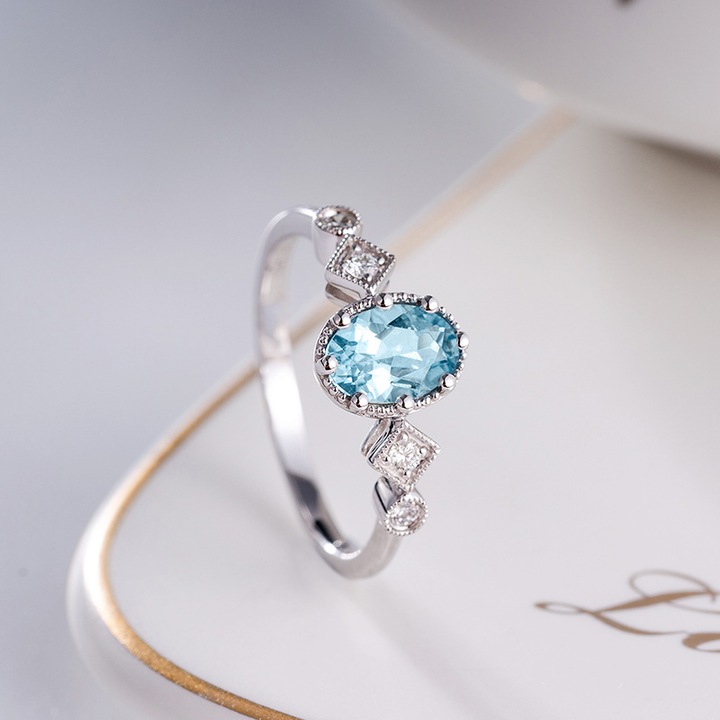 Inel acvamarin pentru dama cu zircon, argint S925, aur alb, deschidere ...