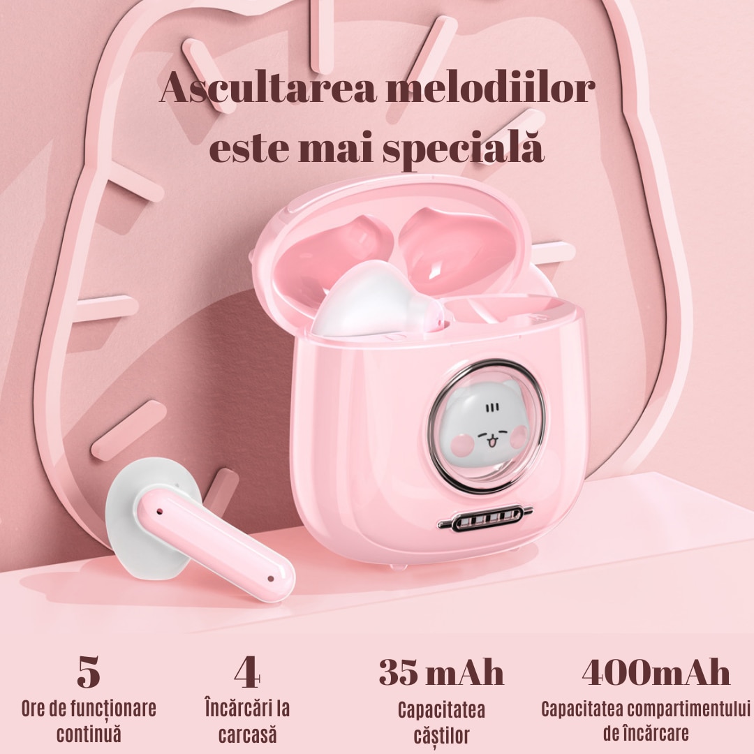 Casti Wireless Bluetooth (fara fir) model pisicuta, semi-in-ear, cu ...