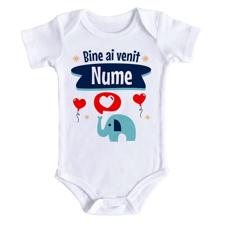 Body bebe personalizat cu nume copil si un elefant, alb, 100% bumbac ...