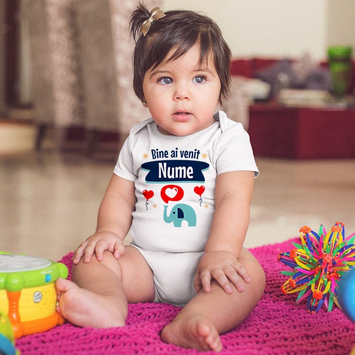Body bebe personalizat cu nume copil si un elefant, alb, 100% bumbac ...