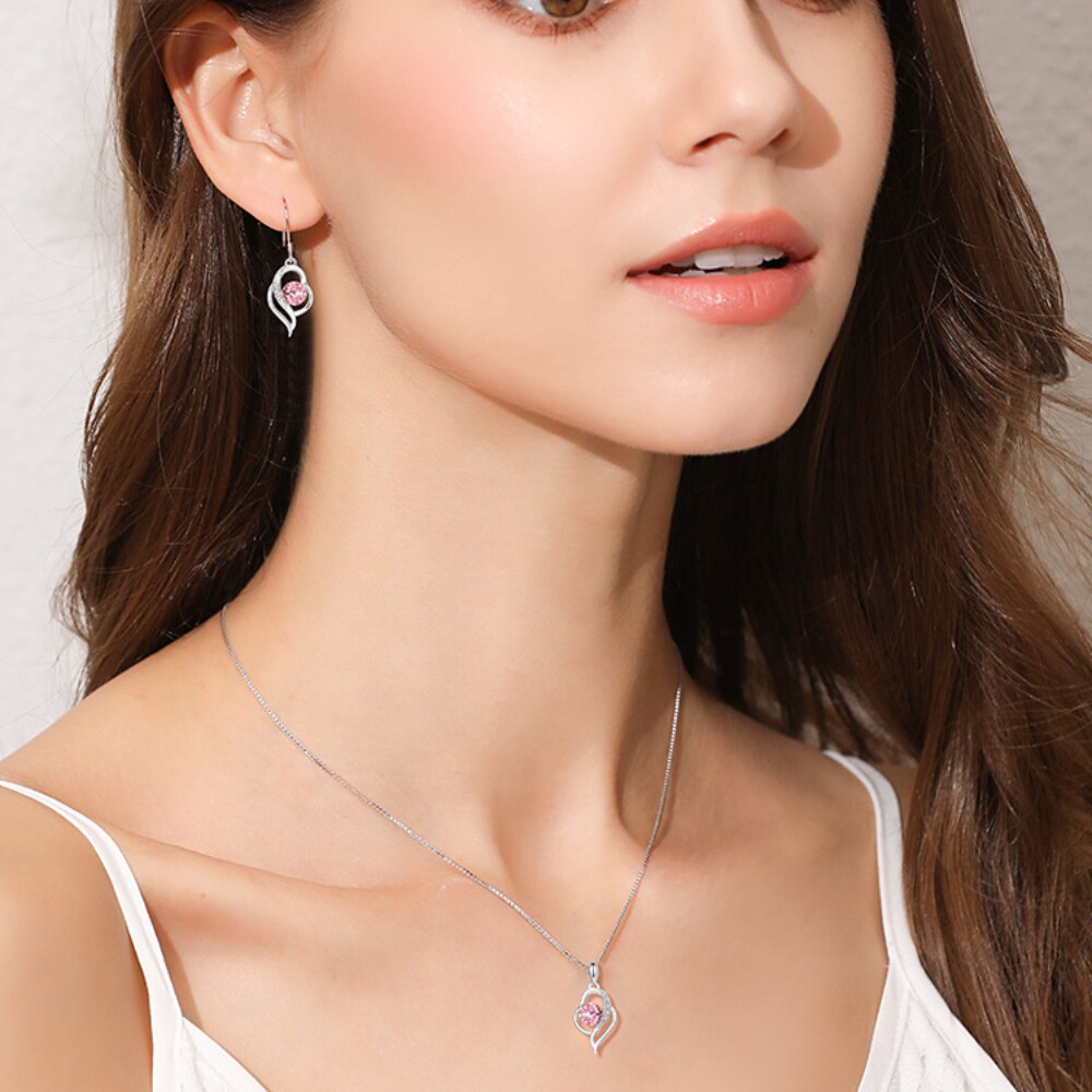 Комплект бижута, Включва Колие с висулка и обеци, Инкрустиран циркон, Сребро S925, Розово - eMAG.bg