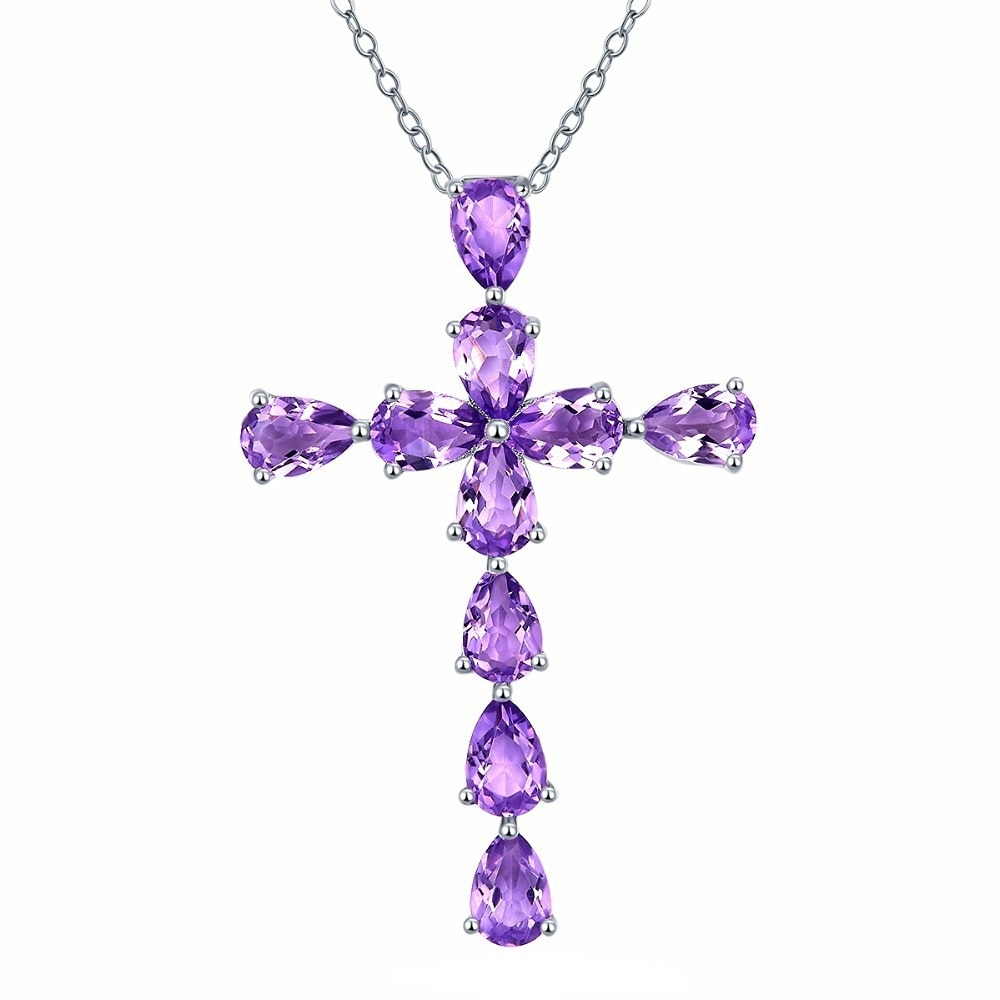 Pendant Colier Pandantiv cu cruce de ametist, placat cu argint 925 ...