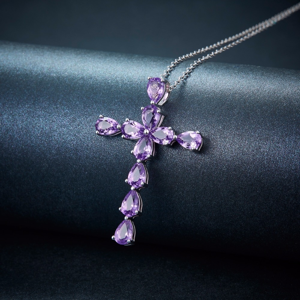 Pendant Colier Pandantiv cu cruce de ametist, placat cu argint 925 ...