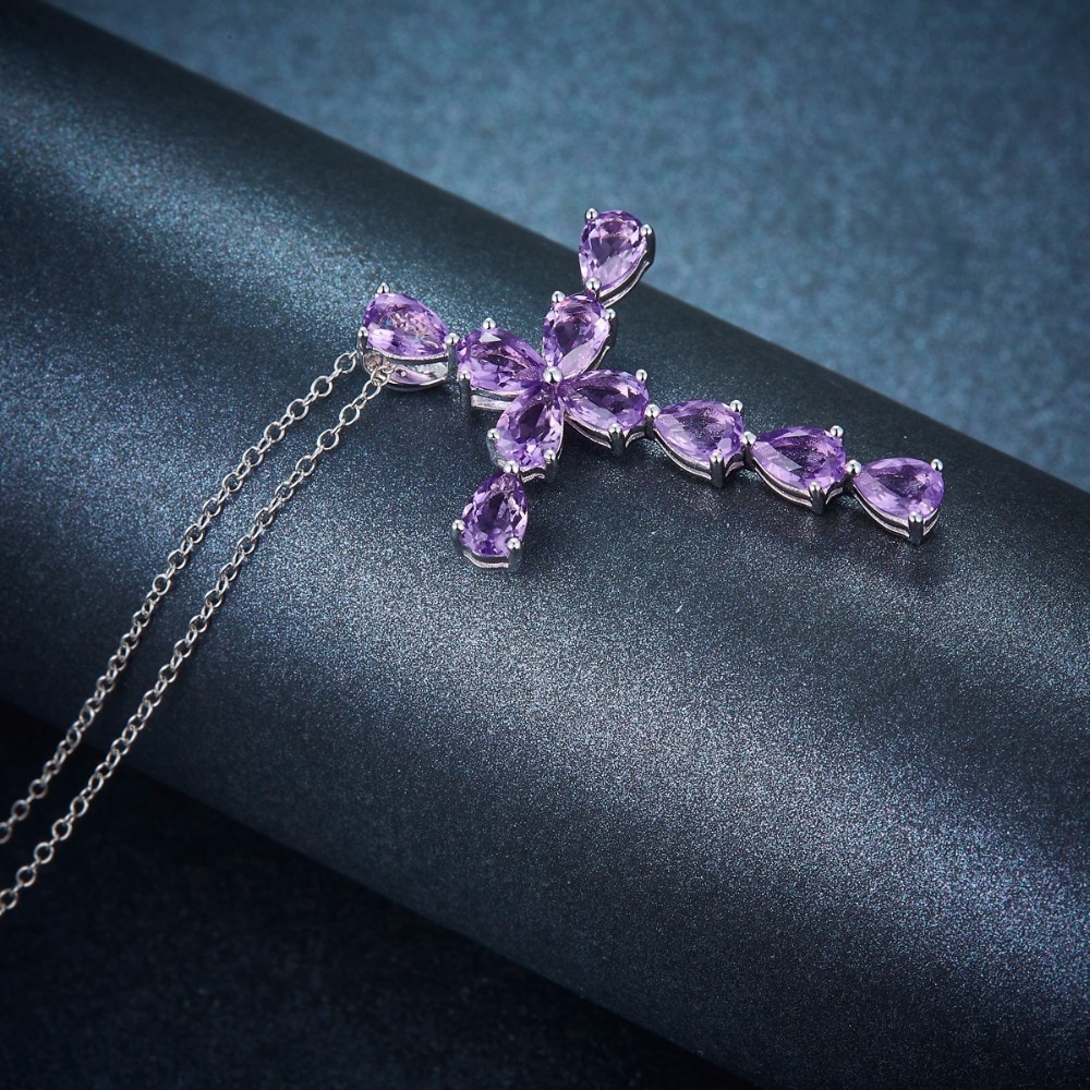 Pendant Colier Pandantiv cu cruce de ametist, placat cu argint 925 ...
