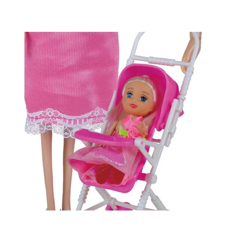 Set papusi, familie, fetita si baiat, cu animal si bebelus, roz, 28x8 ...