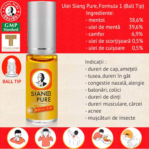 Roll-on cu ulei balsamic Formula 1 pentru dureri de cap, dureri musculare, Siang Pure, Thailanda ...