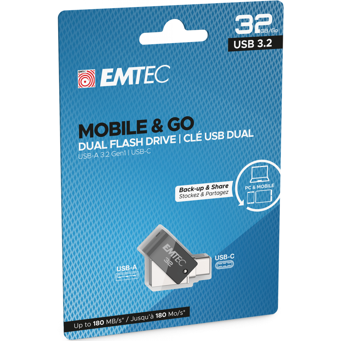 USB памет, EMTEC, T260C, 32 GB, USB 3.2 Gen1, USB-A / USB-C, Черен ...