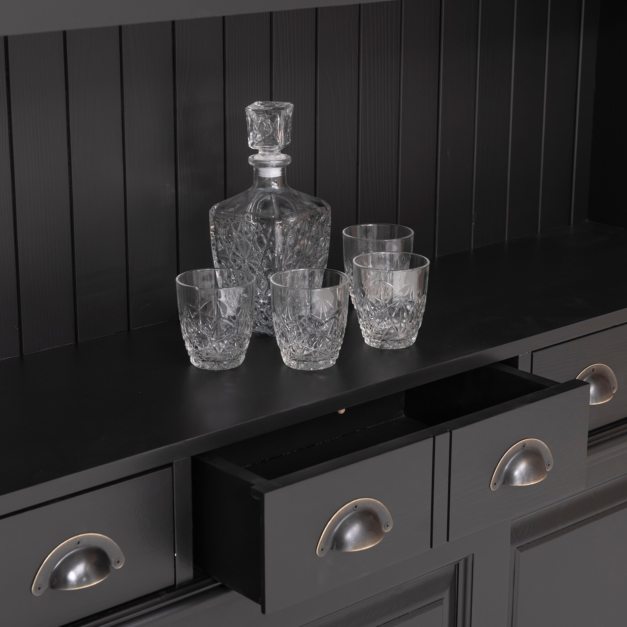 Mobila bar cu 3 usi, culoare negru, 100% lemn masiv, 151x210x36 - eMAG.ro