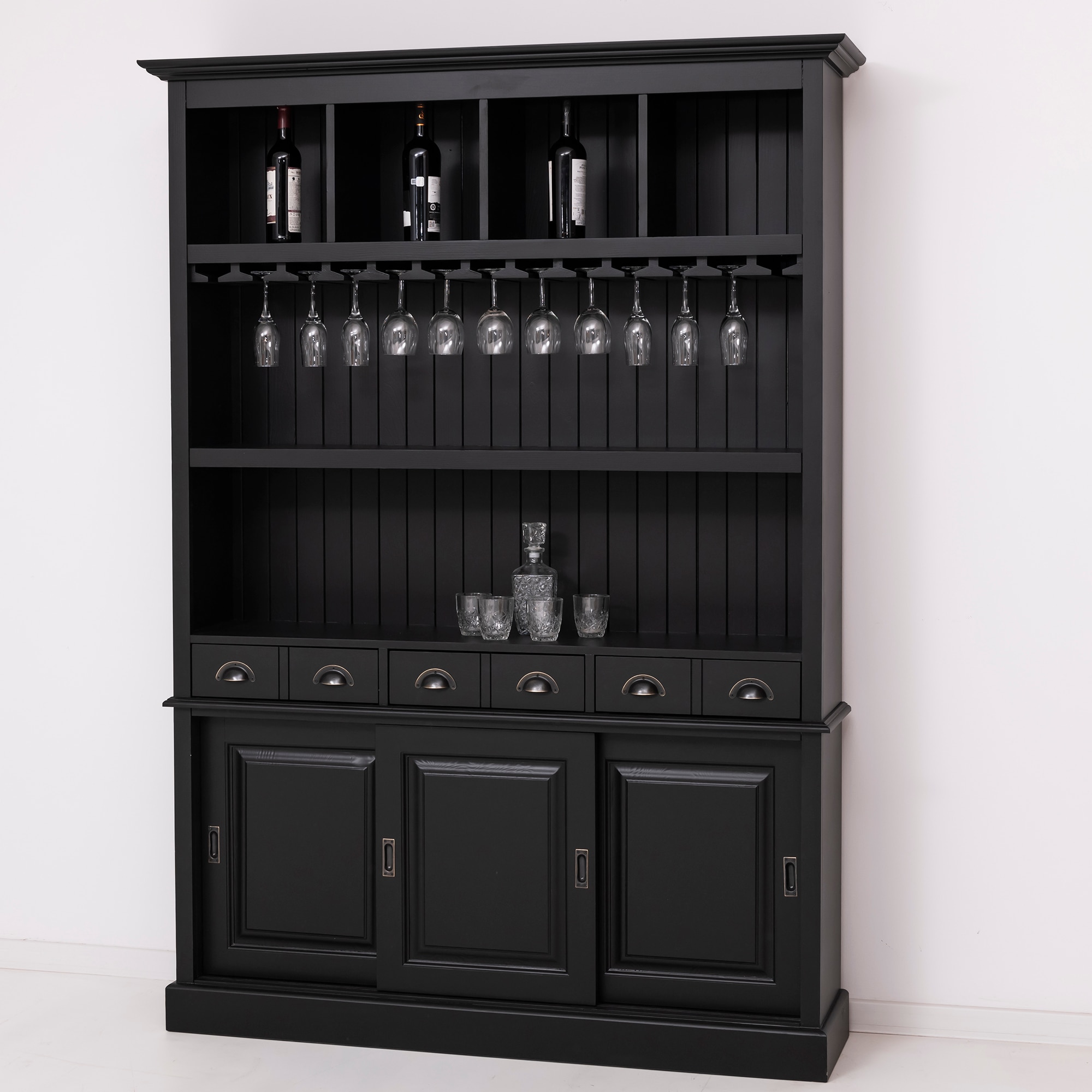 Mobila bar cu 3 usi, culoare negru, 100% lemn masiv, 151x210x36 - eMAG.ro
