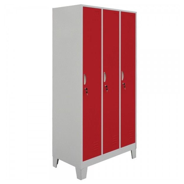 Vestiar metalic cu picioare si 3 usi rosii 900x500x1920 mm, asamblat ...
