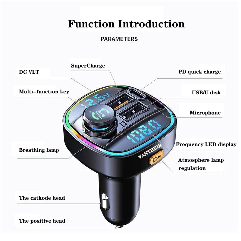 Modulator auto, VANTHEIR, Bluetooth 5.0, Fast charge 3.0, 24V, Negru ...