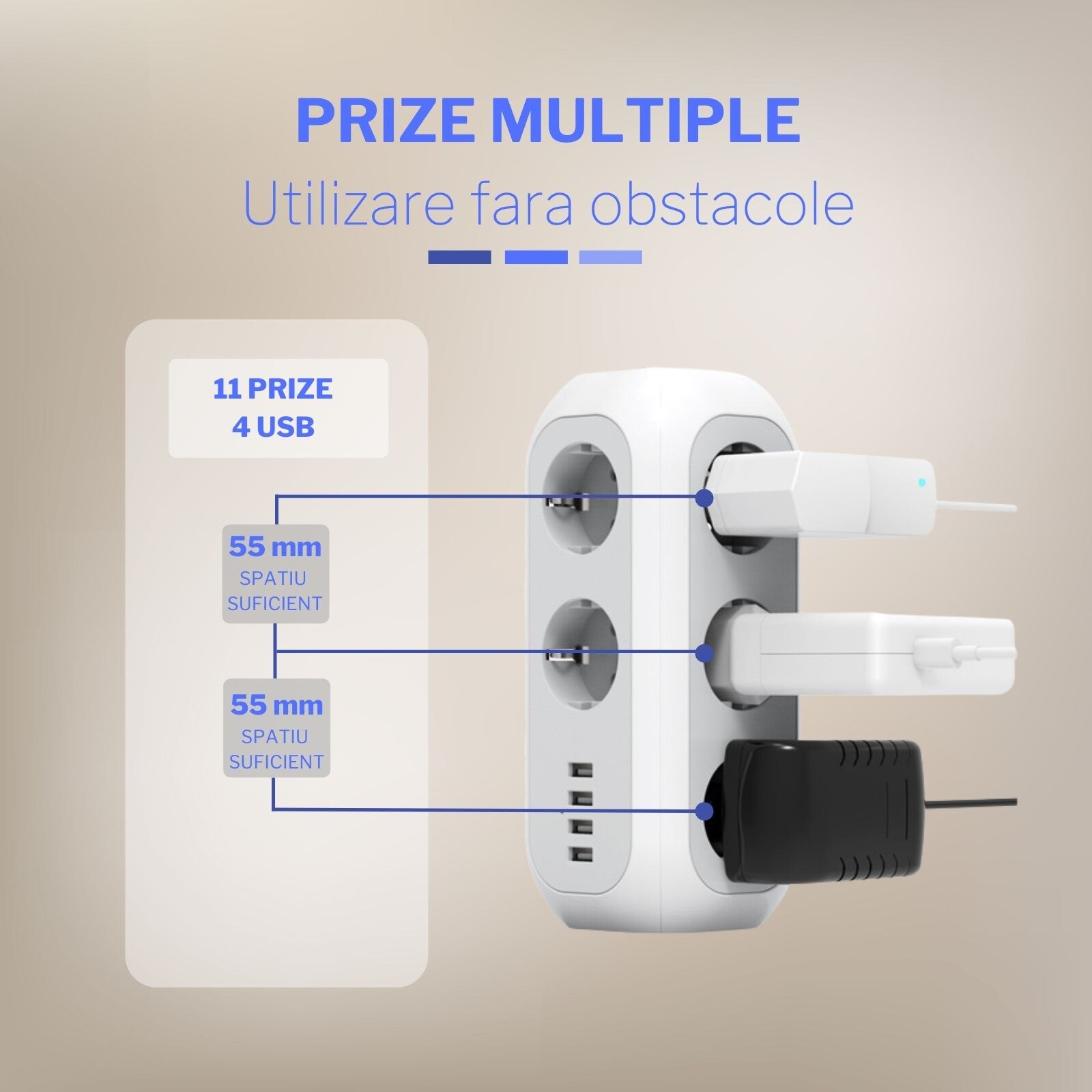 Prelungitor inteligent multifunctional vertical, 11 prize, 4 x USB ...