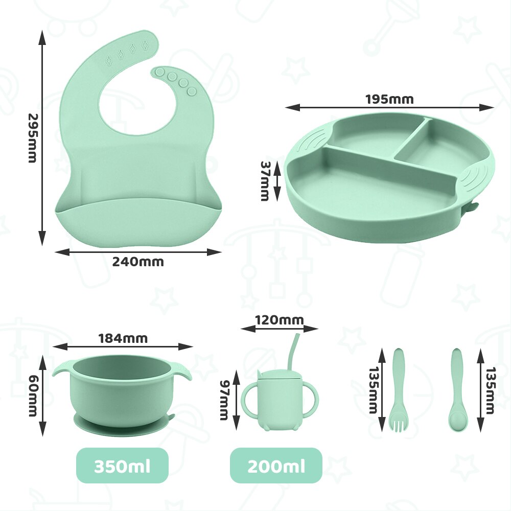 Set hranire bebe din silicon, 1 baveta, 1 farfurie compartimentata, 1 bol cu ventuza, lingurita ...