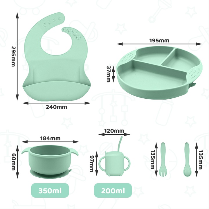 Set hranire bebe din silicon, 1 baveta, 1 farfurie compartimentata, 1 bol cu ventuza, lingurita ...