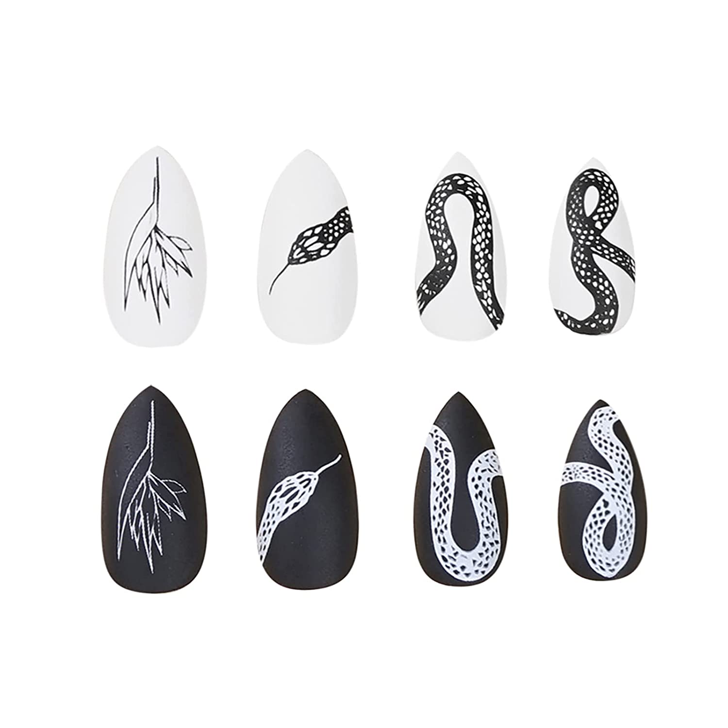 Set 24 unghii false press-on, ABS, Tip stiletto, Adezive, Alb/Negru, 32 ...