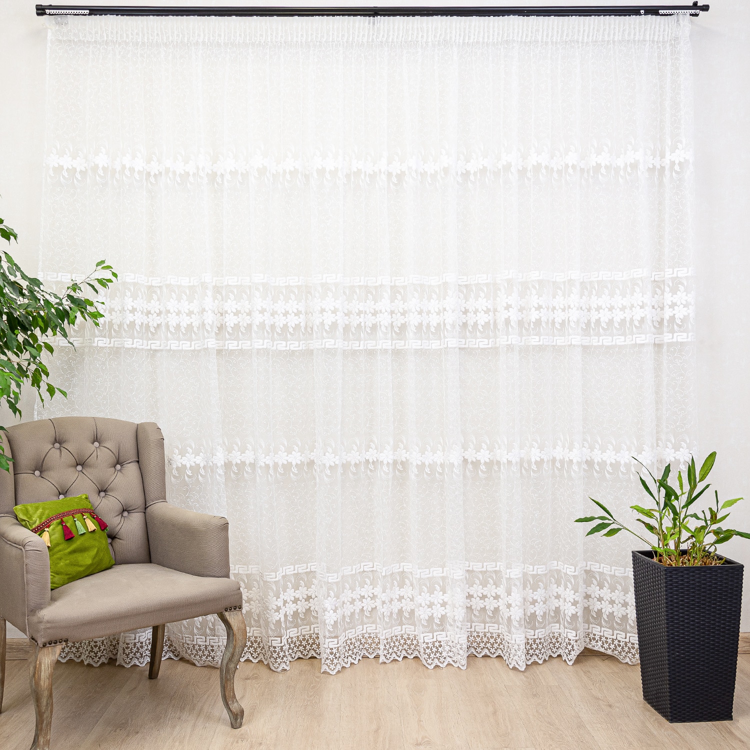 Perdea nesifonabila, brodata Hiko Garden13 alba 300x245cm, cu rejansa ...