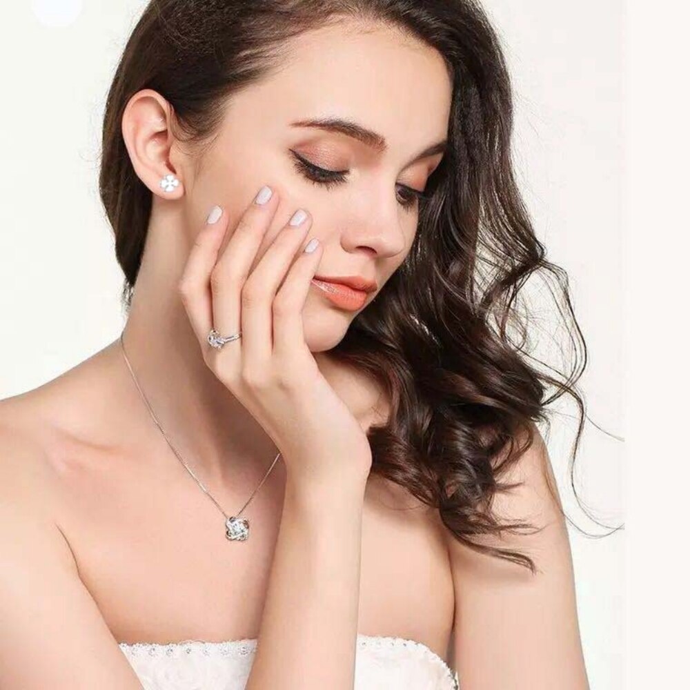 Set bijuterii dama, Argint/Metal/Diamant ecologic, Trandafir, Arginitiu ...