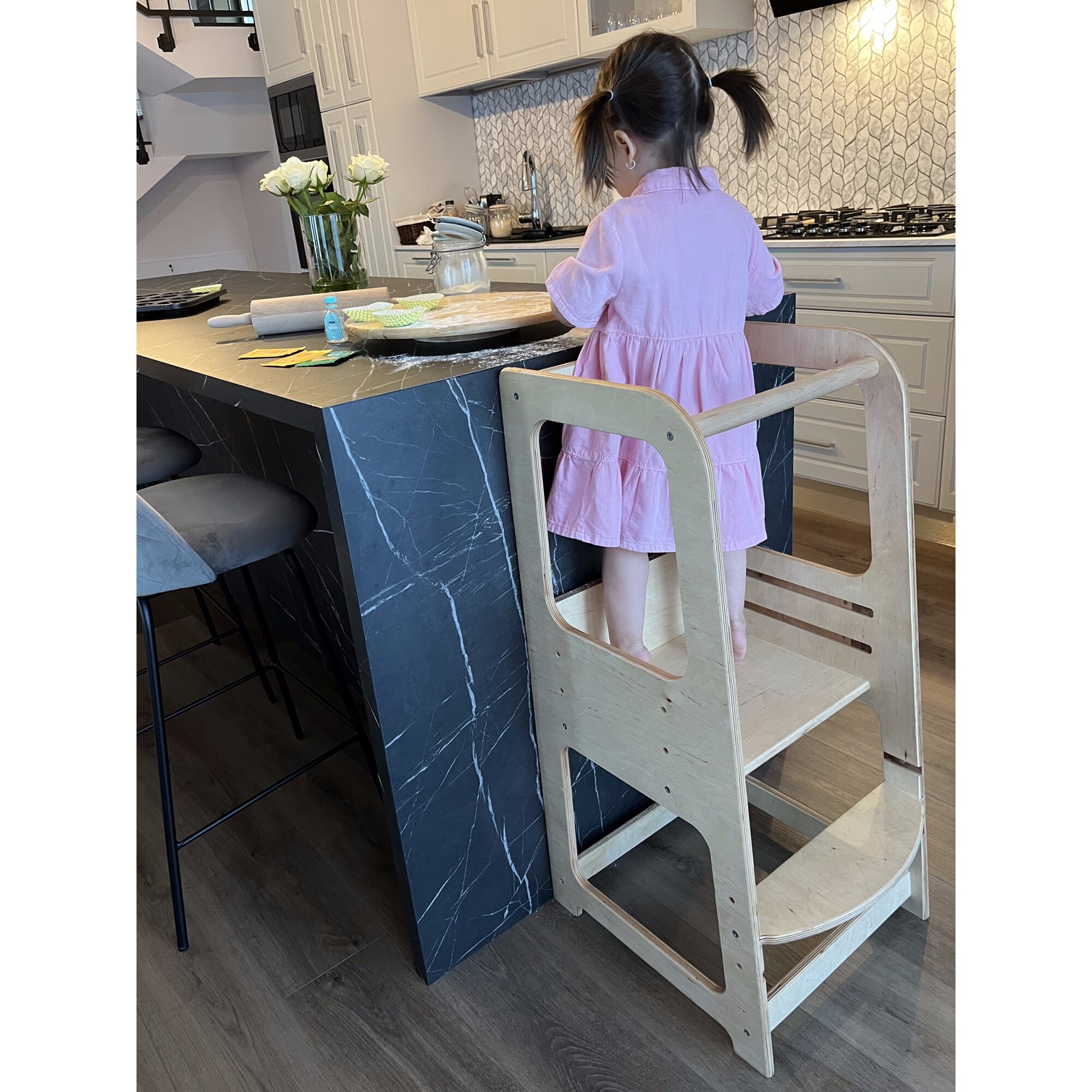 Turn de invatare ajustabil Learning Tower, tip Montessori, Lemn natural ...
