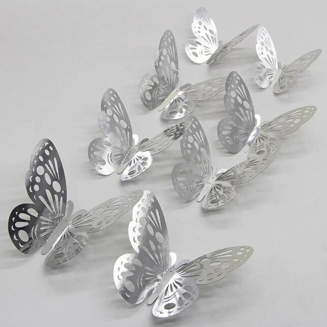 Set Sticker Perete, Fluturi Metalici 3D, 12 buc 11 - 9.5 cm, Argintiu ...