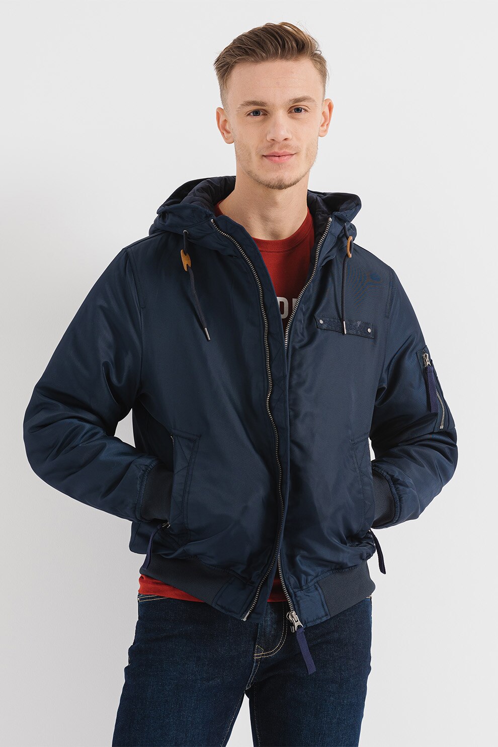 Pepe Jeans London, Geaca cu vatelina si gluga Jackerman, Albastru marin ...