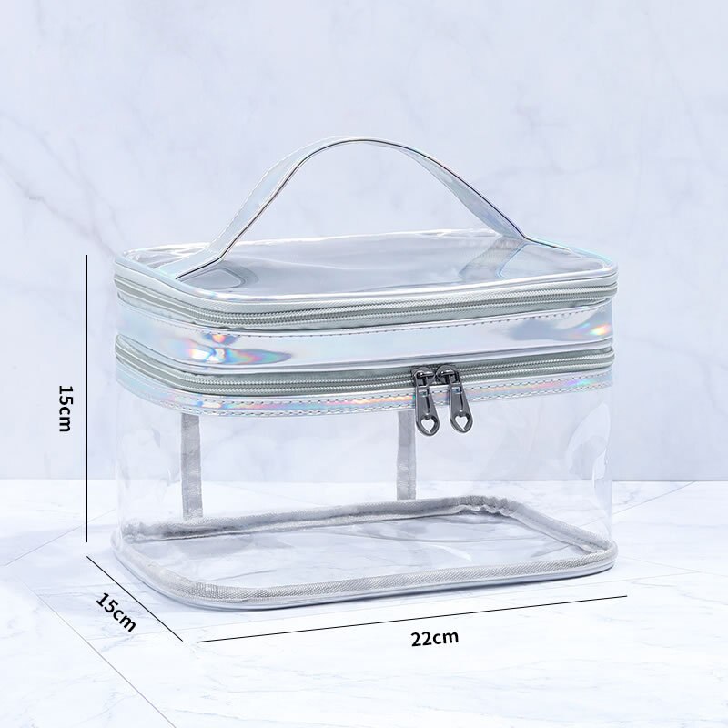 Geanta dubla machiaj, PVC, 22x15x15 cm, Transparent/Argintiu - eMAG.ro