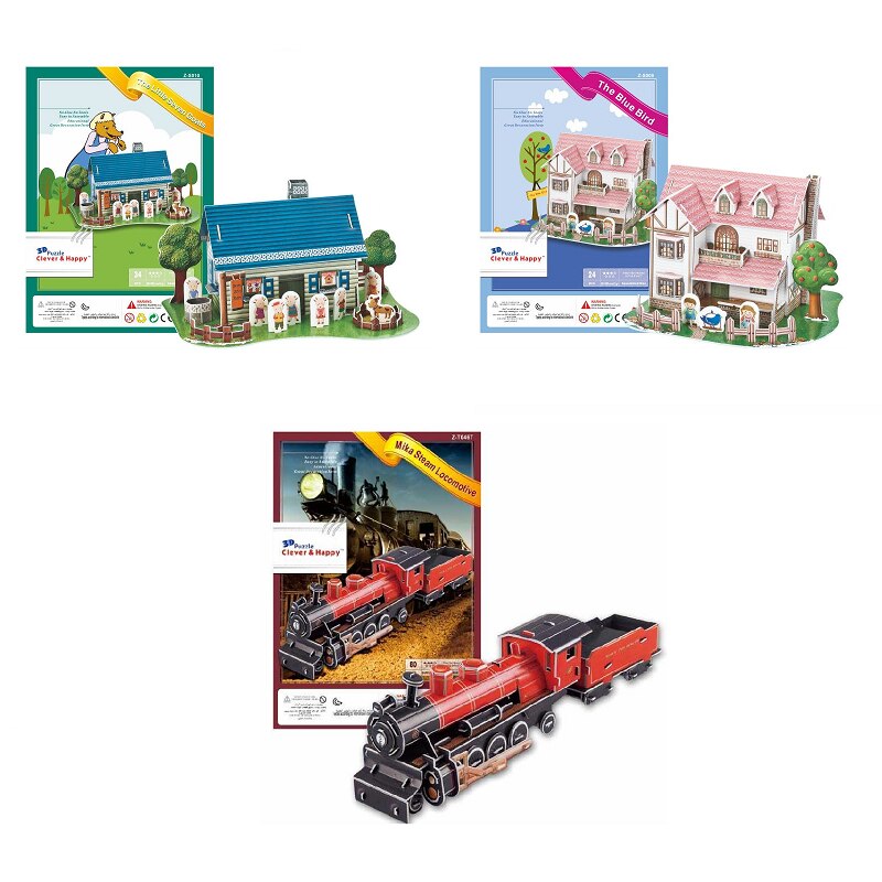 Set 3 puzzle 3D, Locomotiva, 7 iezi, Casuta Blue Bird, + 5 ani - eMAG.ro