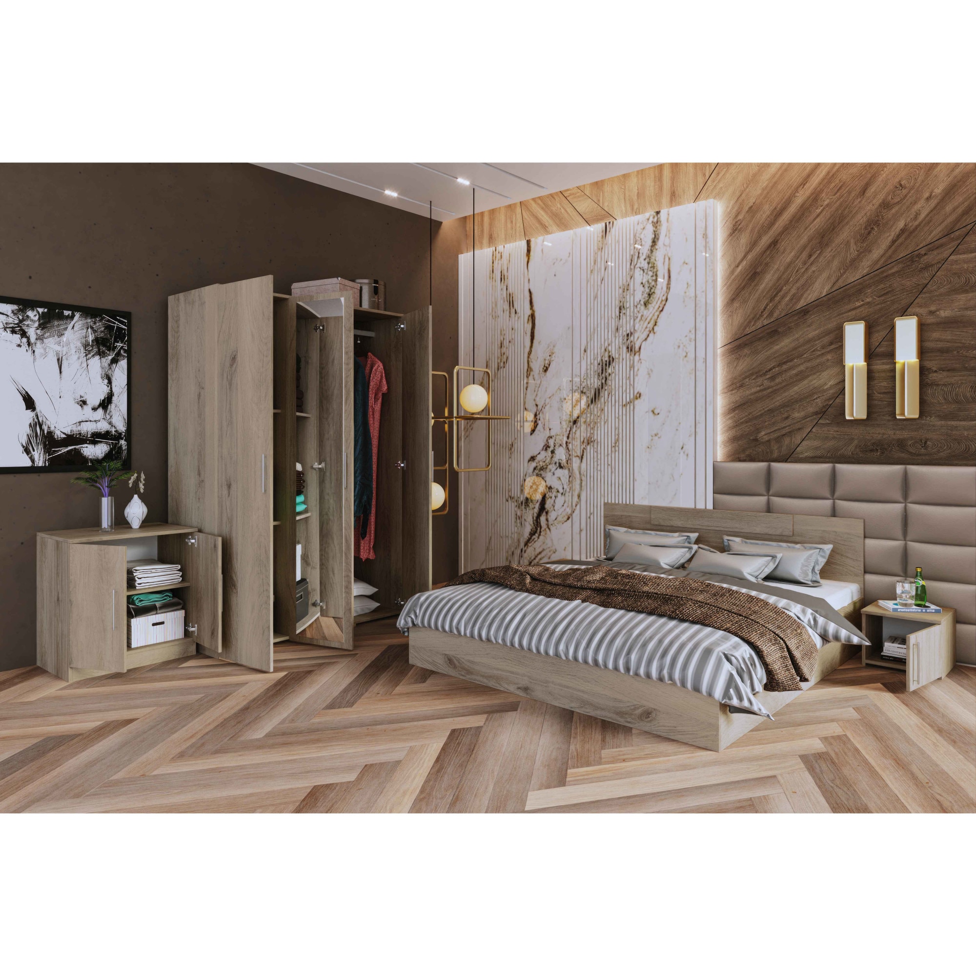 Set Mobila Dormitor Irim Treff II, Pat 160x200 cm, Dulap 3usi, 2 ...