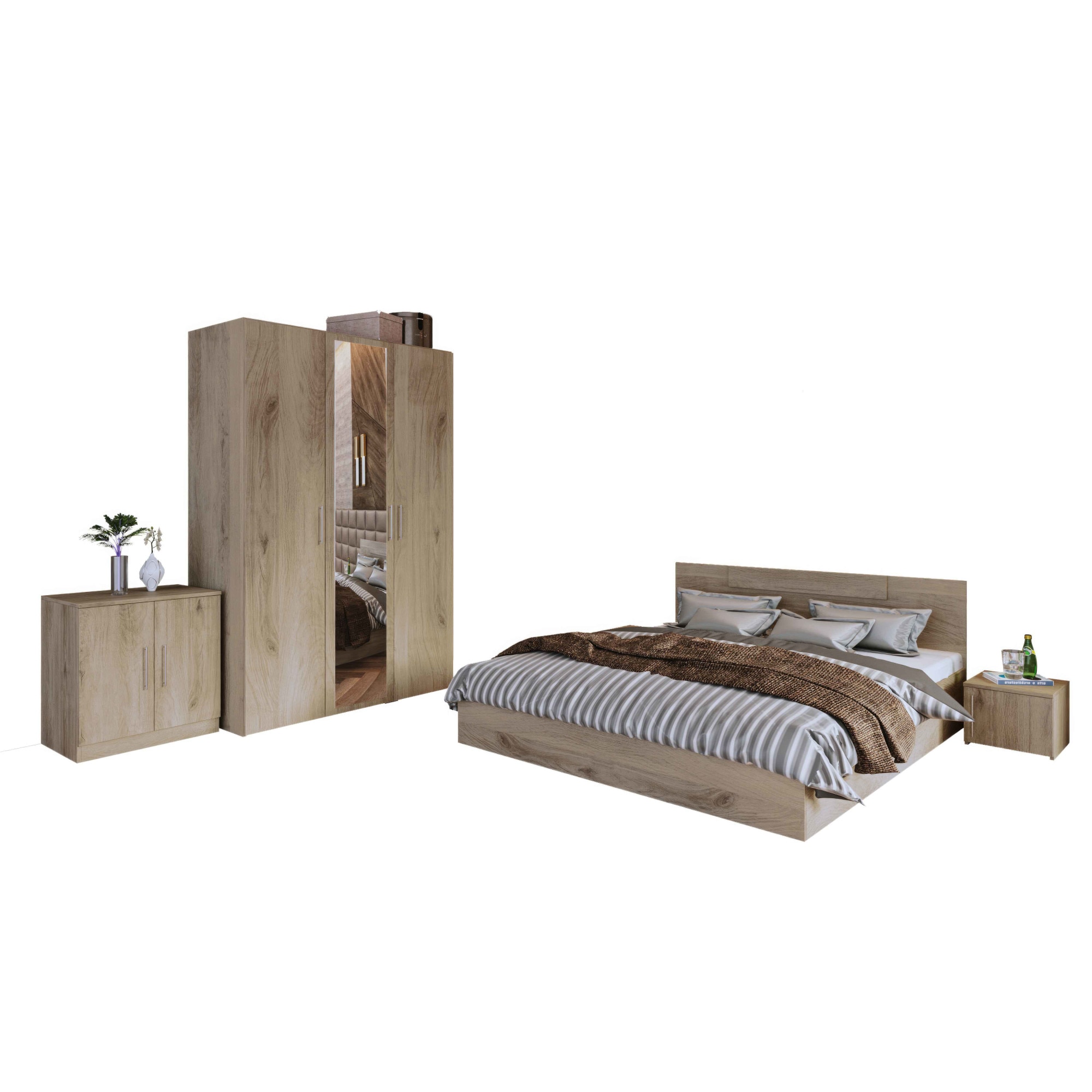 Set Mobila Dormitor Irim Treff II, Pat 160x200 cm, Dulap 3usi, 2 ...