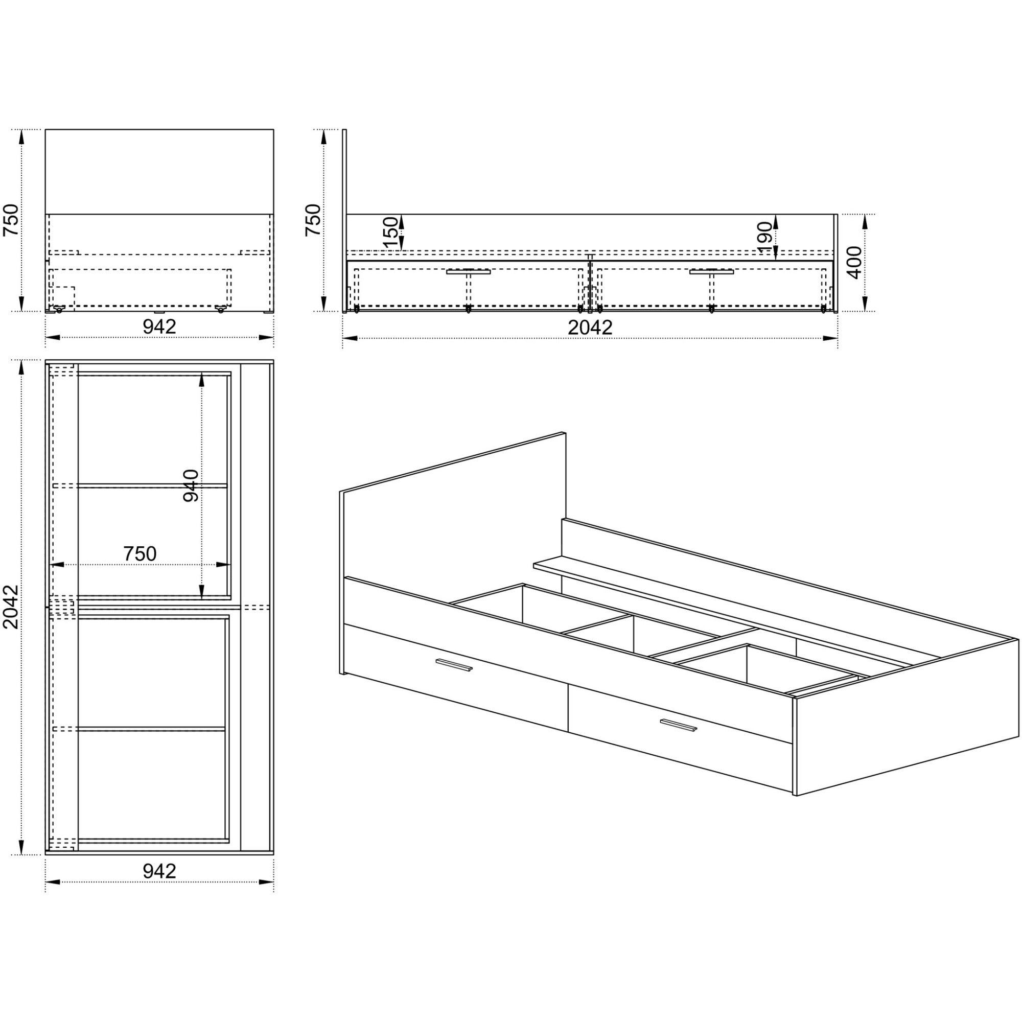 Легло Irim Yoo, 204x94,2x75 СМ, PAL, 2 чекмеджета, Concrete Gray Color ...
