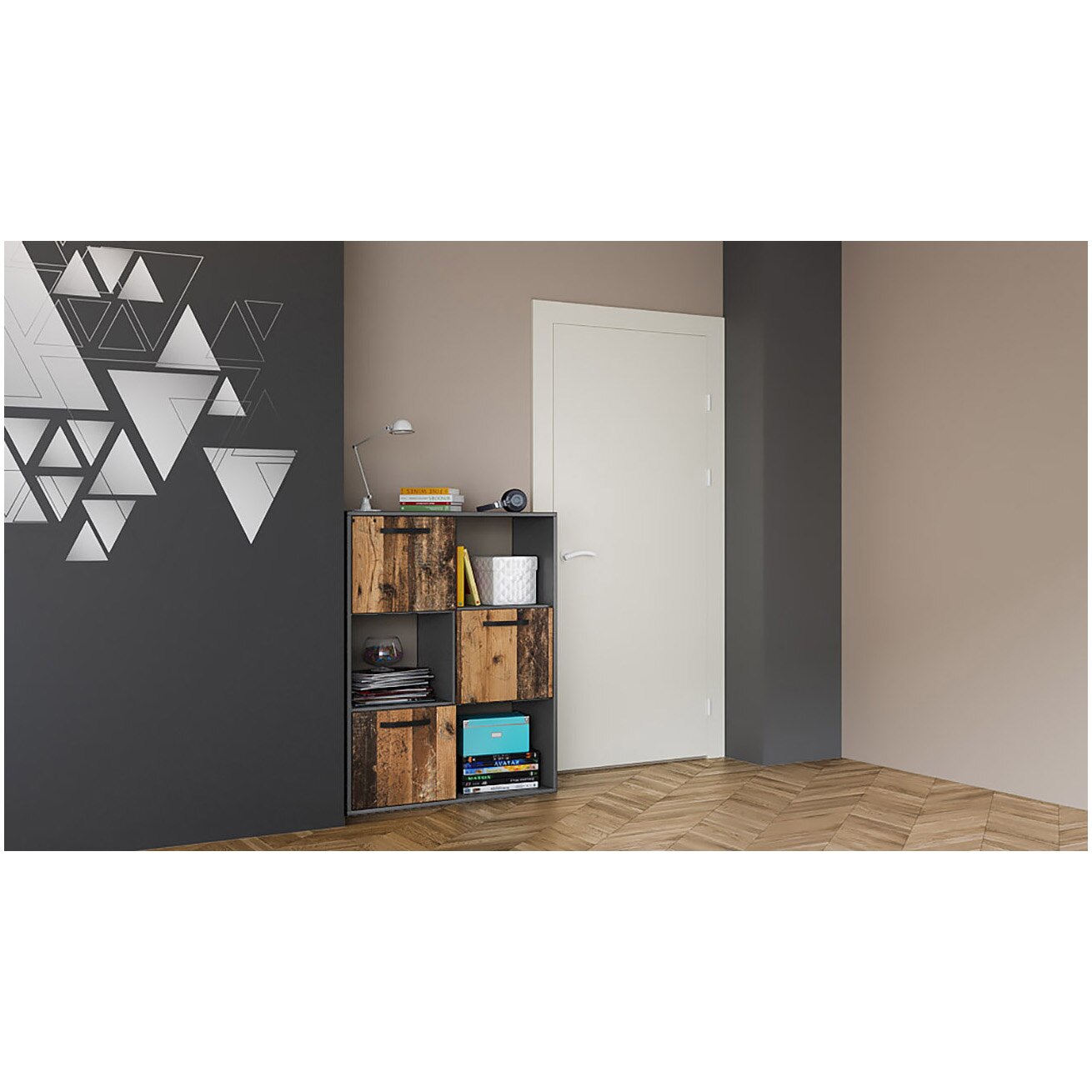 Raft Irim Yoo, 80x38x106 cm, PAL, 3 usi, 3 spatii deschise, Culoare Gri ...