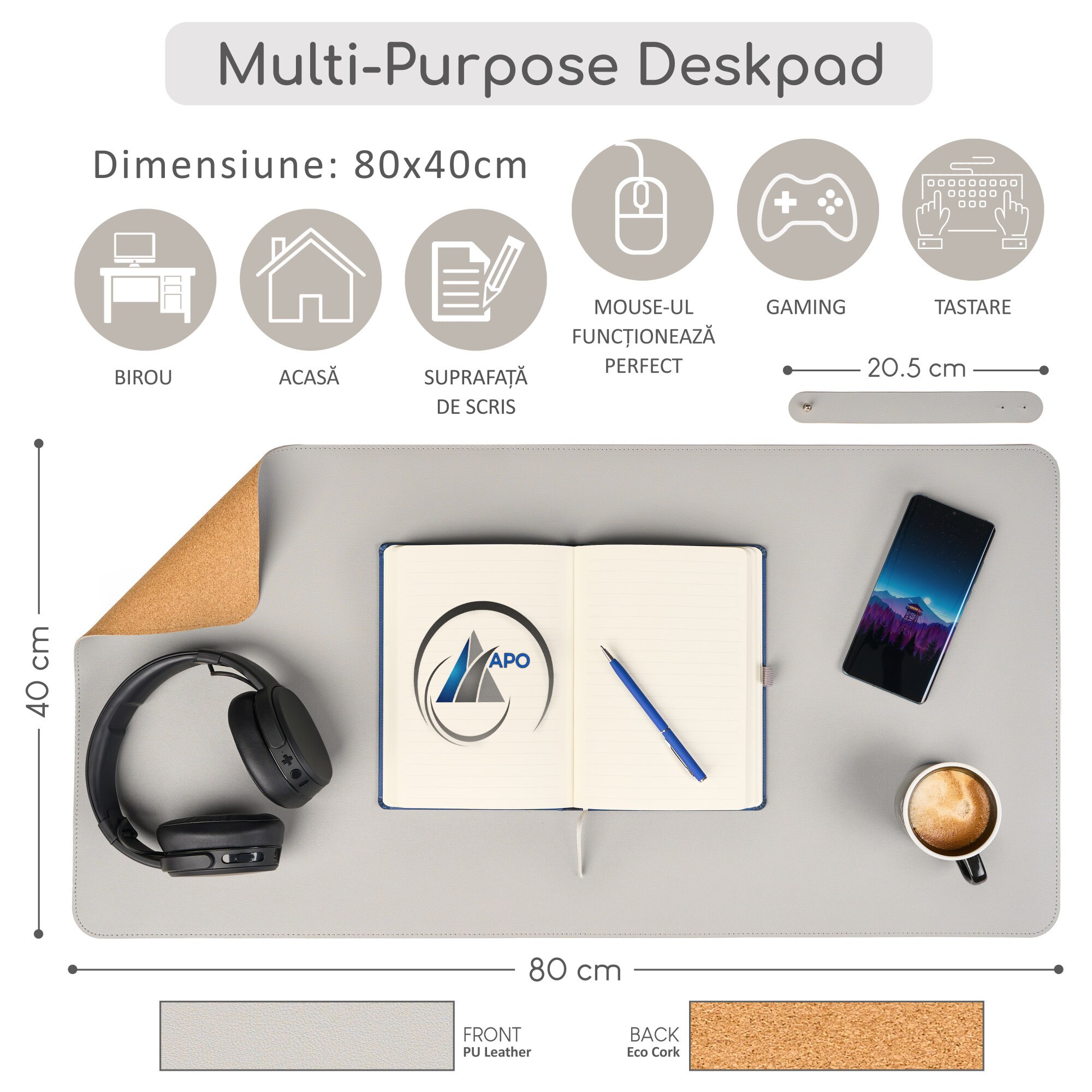 Mapa birou din piele Pu, pentru protectie birou, cu doua fete, Gri ...