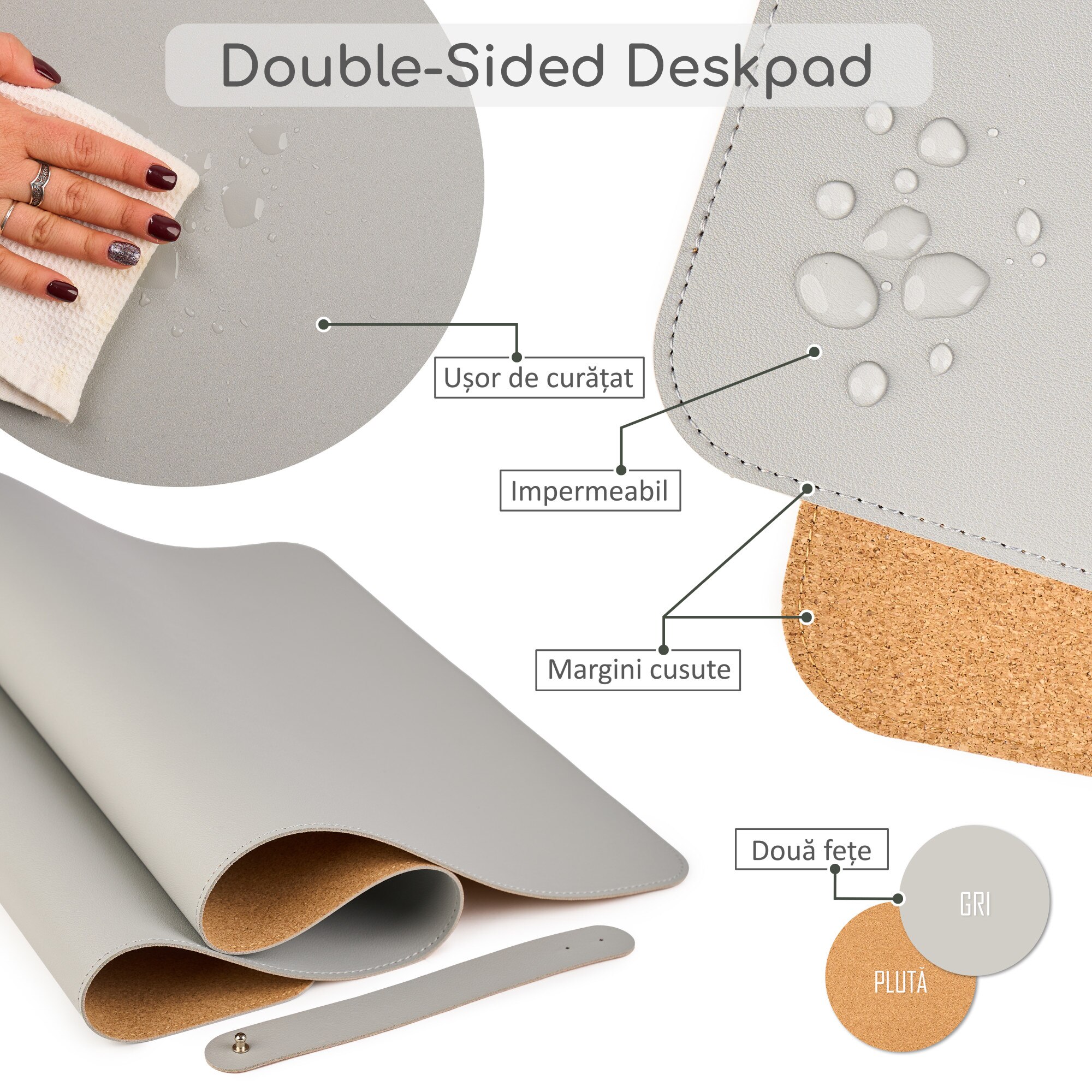 Mousepad XXL pentru protectie birou, din piele pu, cu doua fete Gri ...