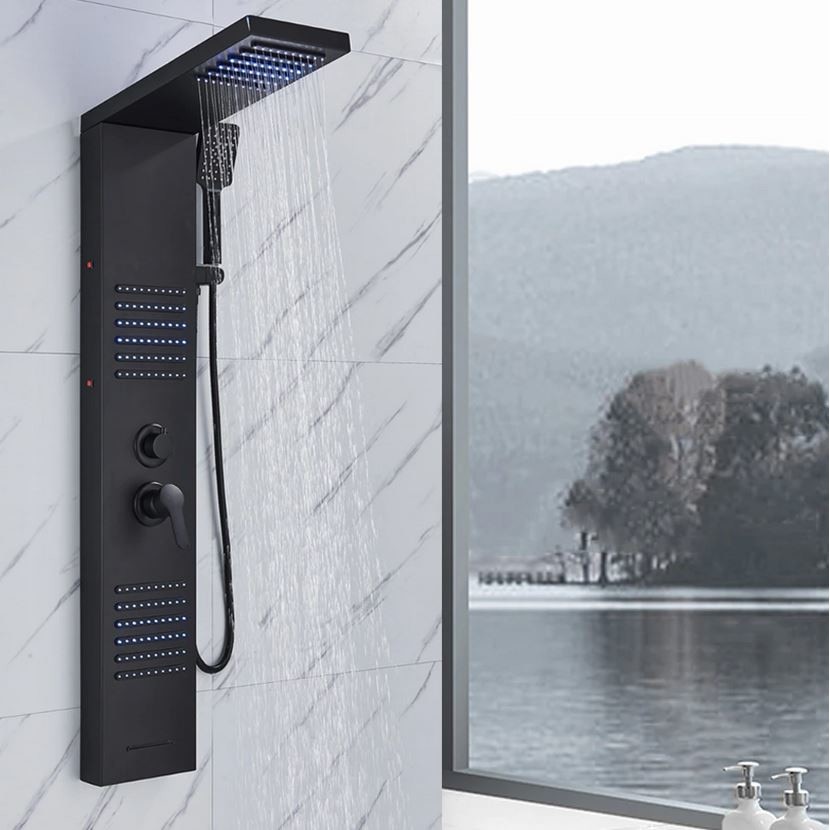 Panel de dus negru mat, cu functie de cascada, lumini Led, AquaSpa ...