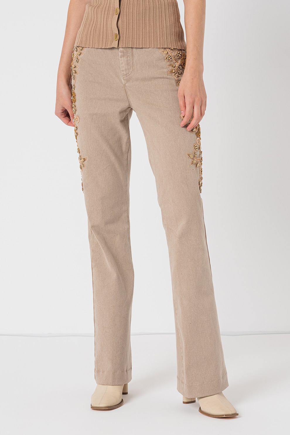 GUESS JEANS, Blugi evazati cu margele si strasuri, Bej deschis, W29-L33 ...