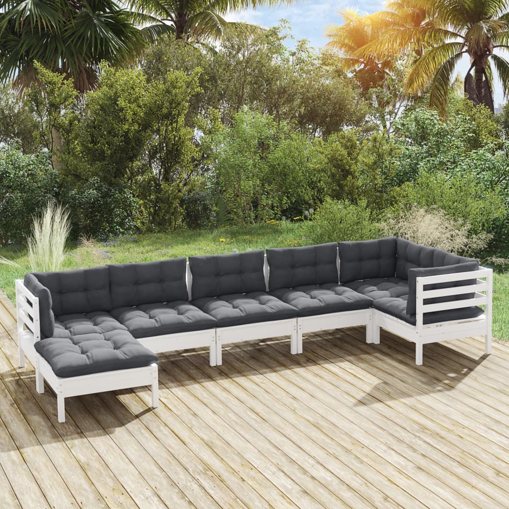 Set mobilier de gradina cu perne, 7 piese, Modern, alb, lemn masiv pin ...
