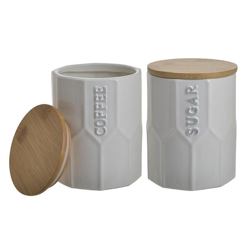 Set 2 recipiente portelan, capac lemn, cafea/zahar, 11x15 cm - eMAG.ro