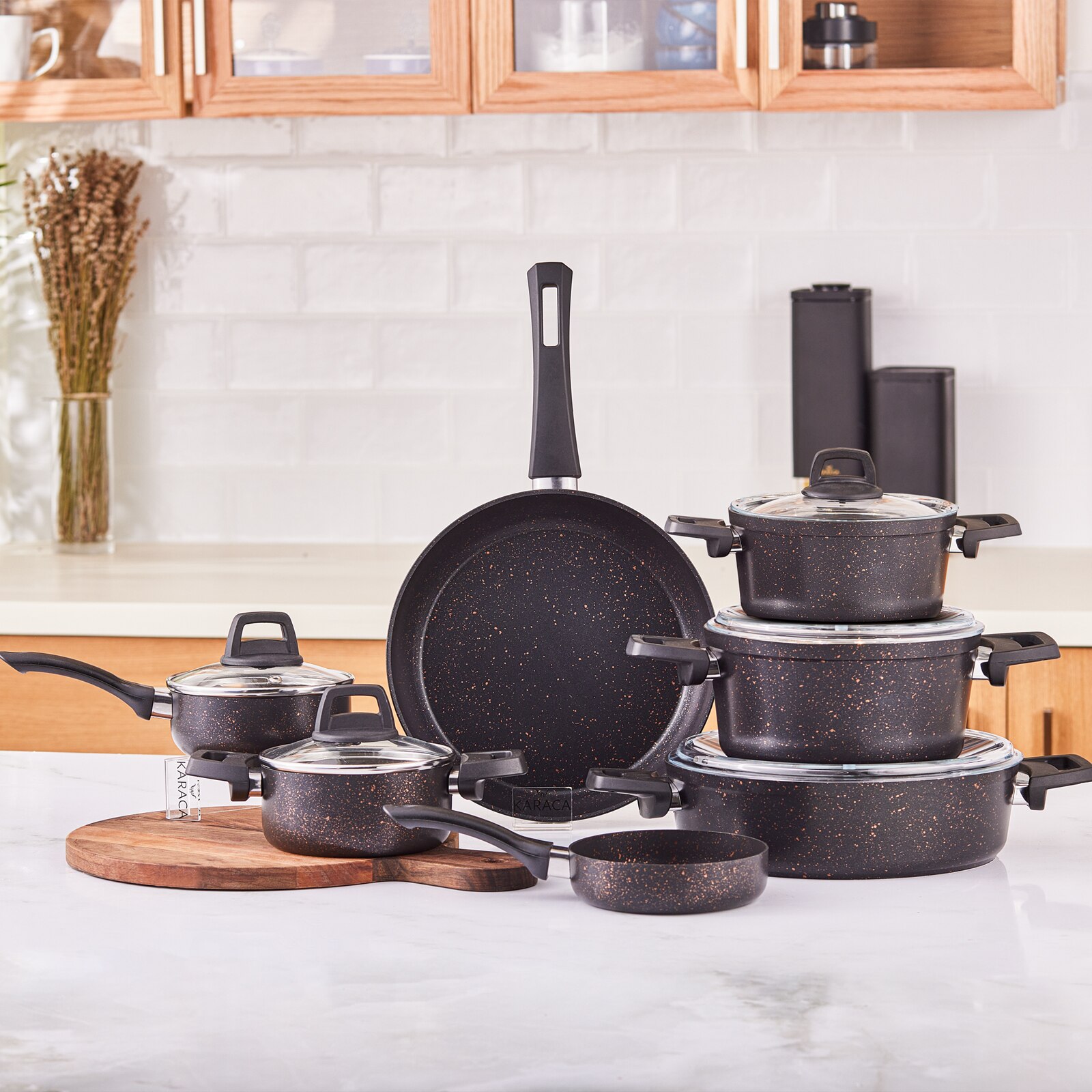 Set 12 cratite Blackgold, Karaca, 14/18/22/26 cm, 2/3.5/3 L, Granit ...