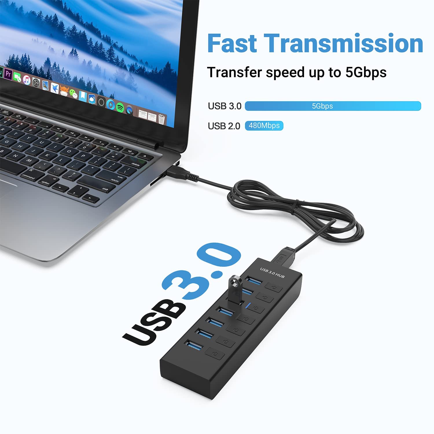 Hub 7n1, USB 3.0, Buton ON/OFF, Iluminare LED, Plug&Play, 1m, Negru ...