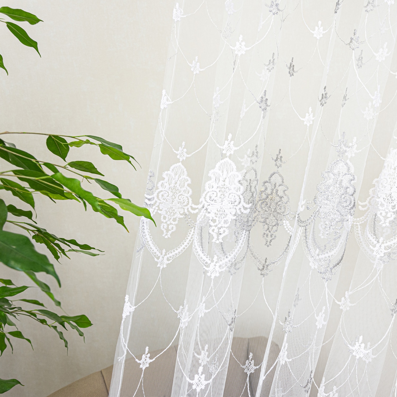 Perdea brodata, alba, nesifonabila Hiko Silver Chateau 300x245cm, cu ...