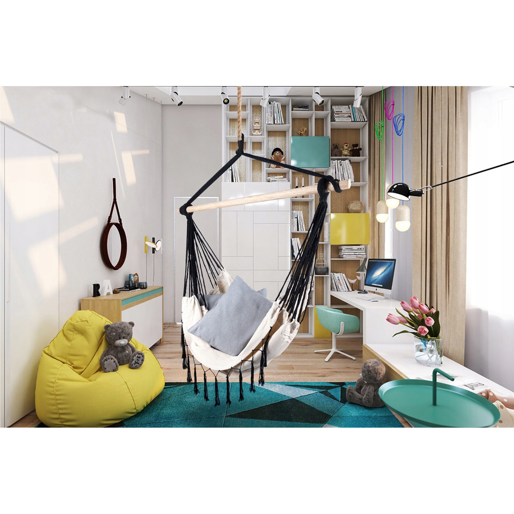 Hamac tip leagan suspendat pentru casa sau gradina, crem gri, 130x100cm ...